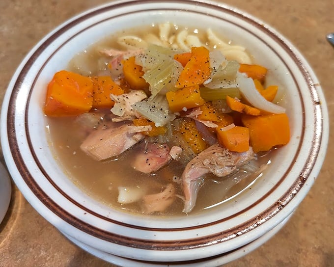 Chicken soup that could cure anything from a cold to a broken heart. Those chunky vegetables and tender chicken pieces speak comfort in every spoonful.
