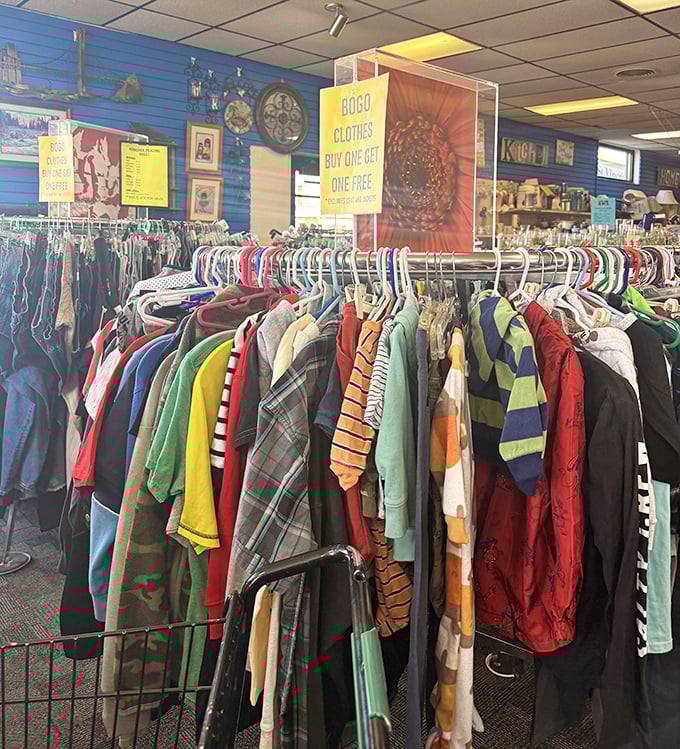 The BOGO clothing rack &ndash; a rainbow of second chances where that perfect vintage Hawaiian shirt is hiding between ordinary tees.