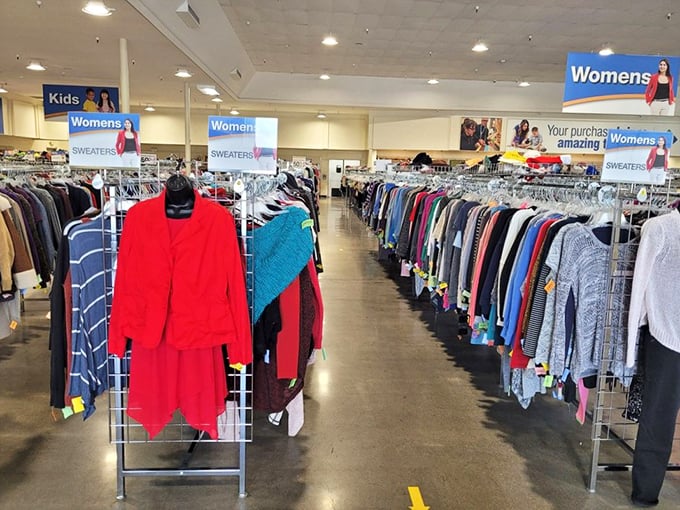 The clothing section stretches into infinity. That bold red suit would make even the most camera-shy person ready for their close-up.