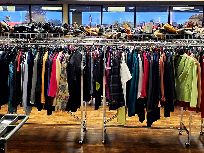 The coat section in all its colorful glory&mdash;where winter preparation meets fashion exploration without the department store sticker shock.