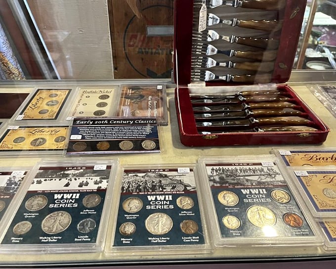 WWII coin series and Buffalo Nickels gleam under glass&mdash;history you can hold in your hand, if you buy it first.