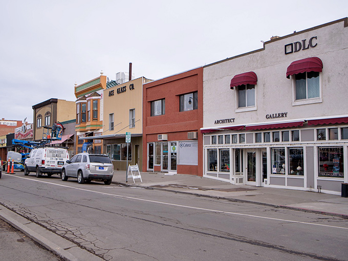 Commercial Street's colorful storefronts offer a palette of architectural styles, from Western frontier to mid-century modern, all coexisting in small-town harmony.