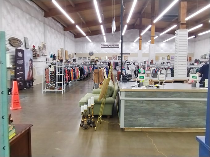 The women's clothing section offers a fashion time machine where vintage meets modern, and style-savvy shoppers find hidden designer gems.