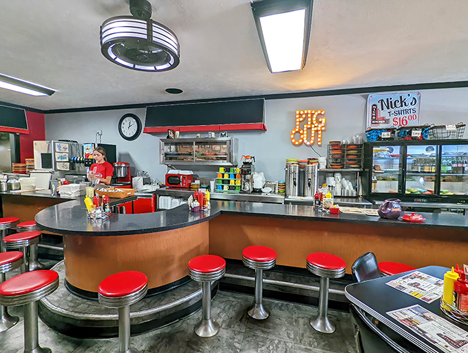 Those red counter stools are front-row seats to the best show in town: watching comfort food come to life.