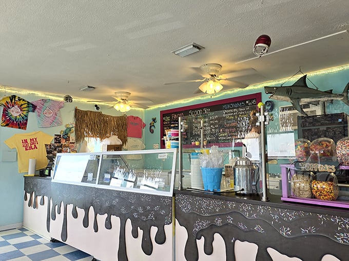 Ice cream counter designed by someone who understands that anticipation is half the pleasure of any great dessert.