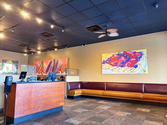 The heart of breakfast operations&mdash;where coffee flows freely and the artwork reminds you that yes, you absolutely deserve those pancakes you're about to order.