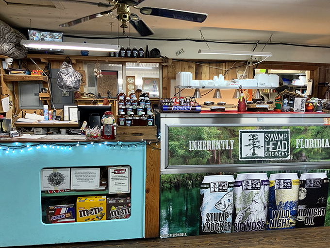 The kind of counter where magic happens. Those local craft beers from Swamp Head Brewery are liquid souvenirs that taste better than any keychain.