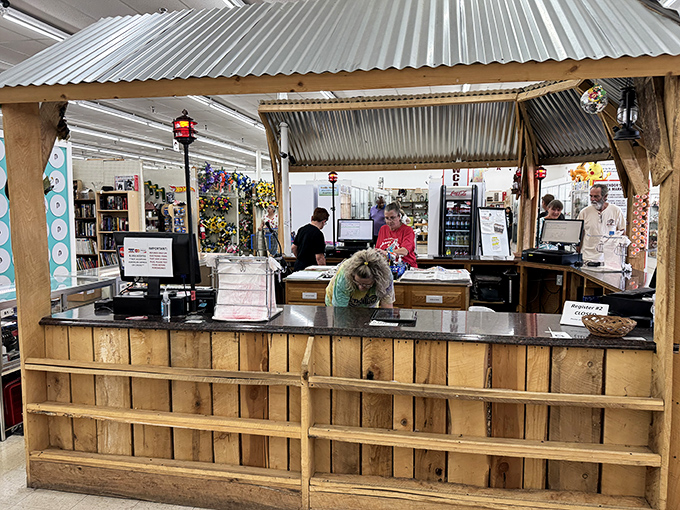 The rustic checkout counter feels like the town general store of yesteryear, minus the pickle barrel and plus the credit card machine.