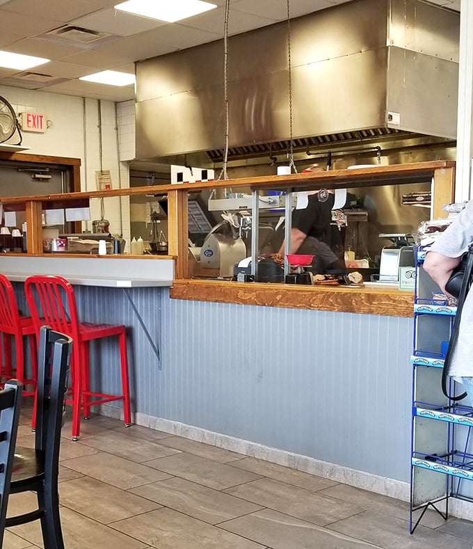 The counter view &ndash; where sandwich artisans work their magic behind a wooden frame that might as well be a proscenium arch.