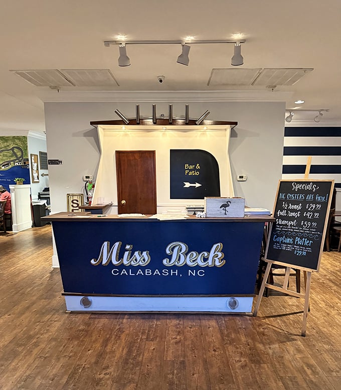 The "Miss Beck" counter stands ready for service, a nautical-themed command center orchestrating seafood dreams.