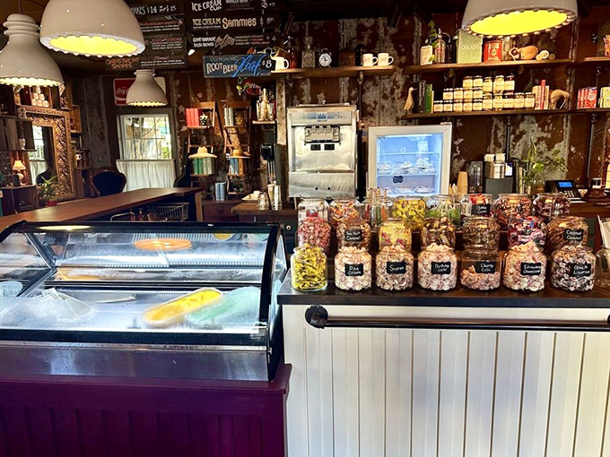 The counter area feels like a nostalgic candy store for grown-ups, with jars of treats that remind you it's perfectly acceptable to save room for dessert.