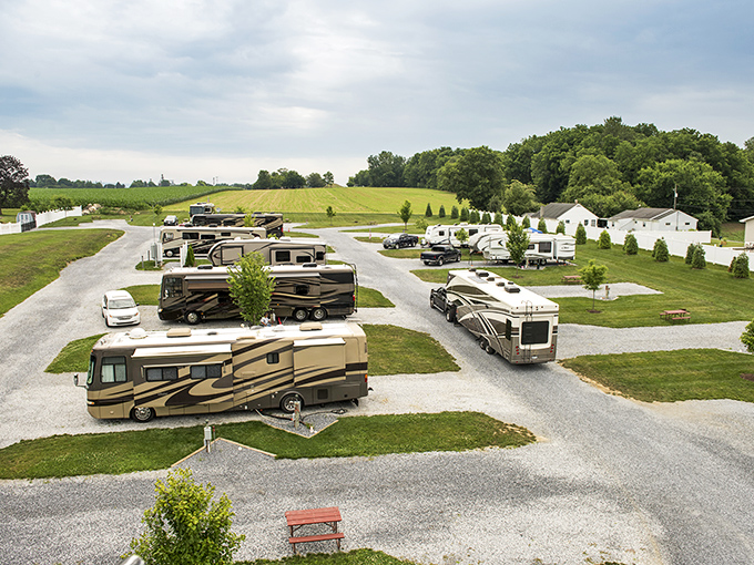 RV camping with a view of Amish farmland creates the perfect juxtaposition of modern comfort alongside timeless tradition.