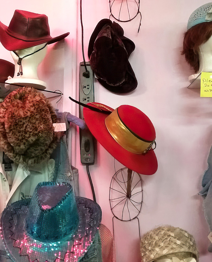 A wall of vintage hats that would make Indiana Jones jealous. The perfect accessories for when you want to channel your inner film noir detective.