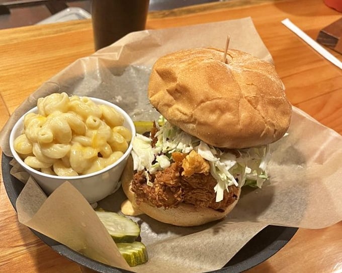 This crispy chicken sandwich with creamy mac and cheese might just be the comfort food equivalent of a warm hug.