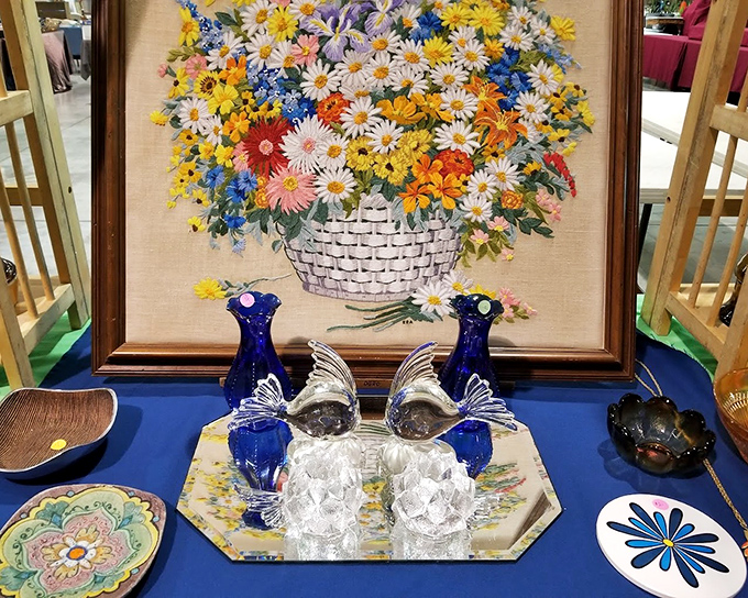 Grandma's good china meets cobalt blue birds in a display that screams "I have excellent taste" and whispers "but I love kitsch too."