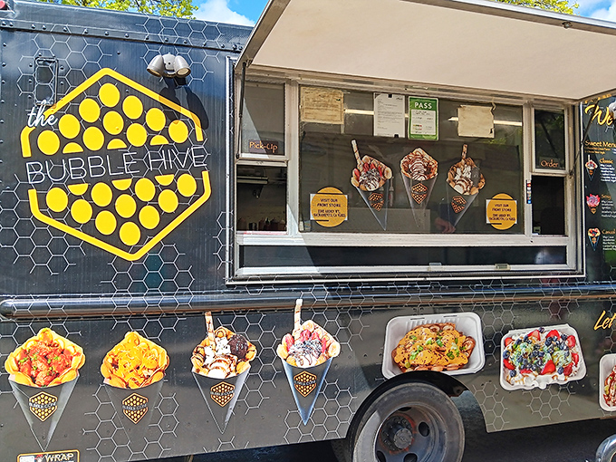 The Bubble Hive food truck brings sweet relief to weary shoppers. Nothing says "I deserve this" like ice cream after conquering twelve stores in three hours.