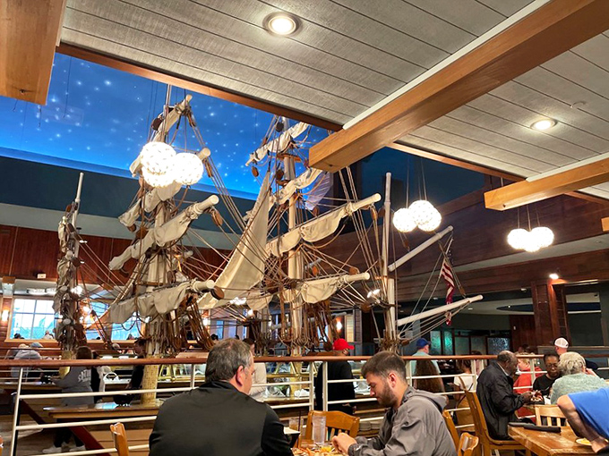 Beneath billowing sails and twinkling lights, diners embark on their own culinary voyage—no passport required, just an appetite for adventure and elastic waistbands.