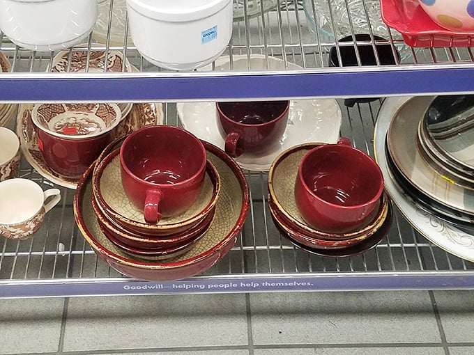 These crimson cups and saucers are ready for their second act. Someone's former entertaining set awaits adoption into your kitchen's eclectic family portrait.