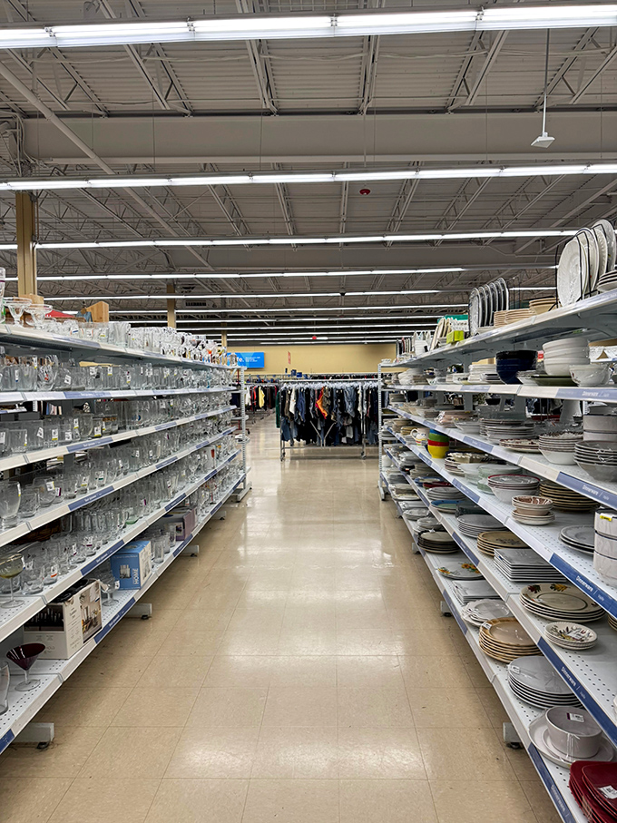 Glassware and dishes line the housewares aisle like a wedding registry without the awkward thank-you notes or retail markup. 