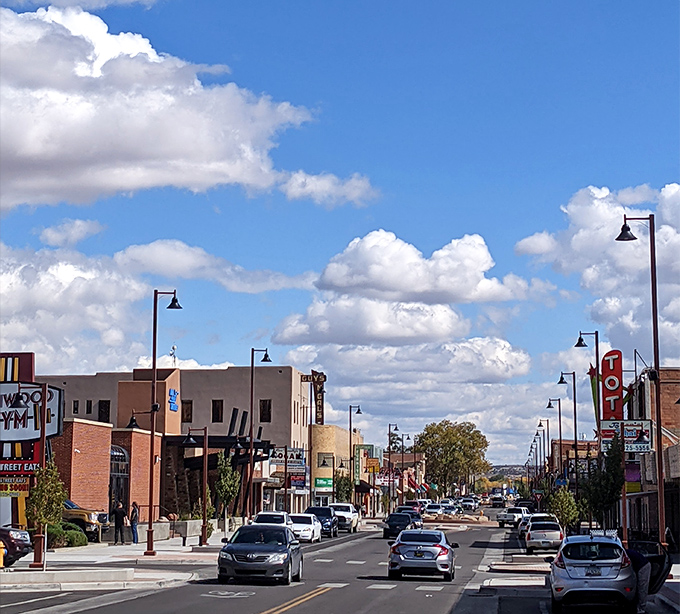 Downtown stretches out under cotton-candy clouds, looking like a Norman Rockwell painting with a southwestern accent.