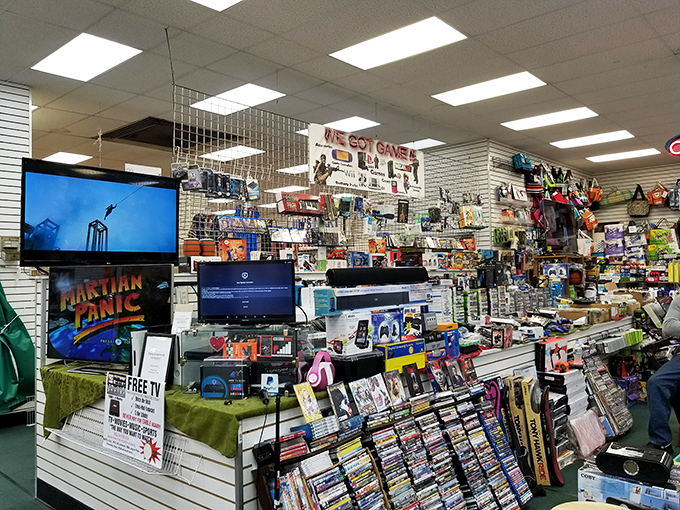 A tech oasis emerges amid the market's landscape, where vintage gaming meets modern gadgetry in a digital time warp. 