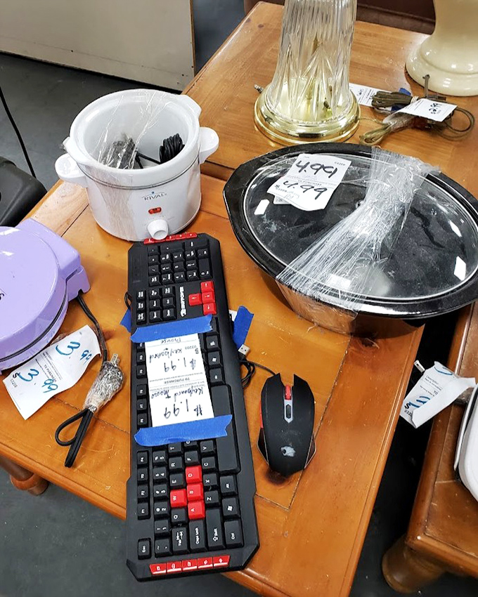 Yesterday's technology at tomorrow's-lunch prices. That keyboard might have typed a novel; that slow cooker could be your next dinner party hero.
