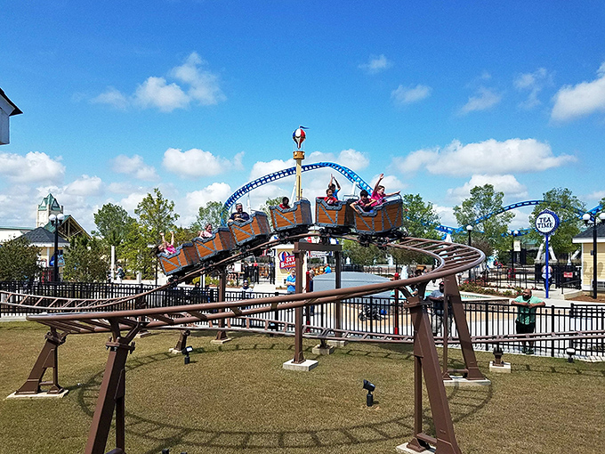 The mine train ride at OWA delivers just enough thrill to make kids feel brave and parents feel nostalgic for their own childhood coaster experiences.