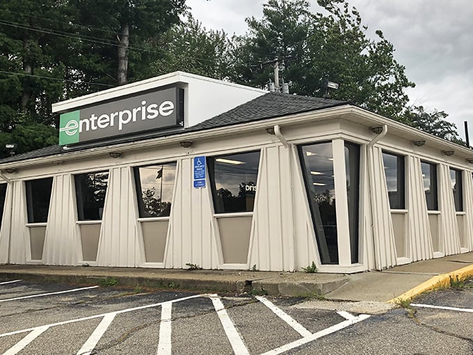 Even Enterprise's utilitarian building gets the New England treatment with those distinctive angled windows&mdash;car rental with architectural character.