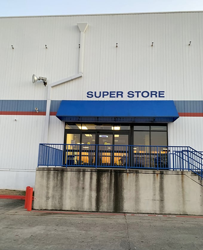 "SUPER STORE" indeed—the blue awning serves as a portal to a parallel universe where retail rules are gloriously rewritten.