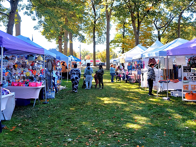 Ludlow's fall festival transforms the town common into a marketplace of local treasures. The dappled sunlight through autumn leaves creates nature's perfect lighting.