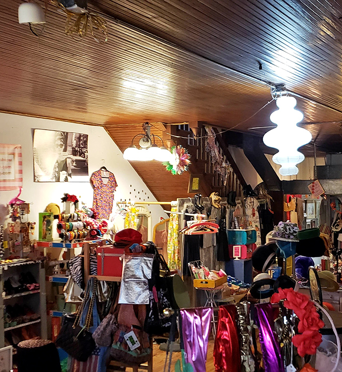 The fashion corner looks like what would happen if your stylish grandmother's closet exploded in the most organized way possible. 