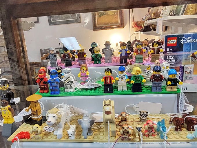 These LEGO figurines stand at attention, waiting for new adventures. Childhood memories in plastic form, meticulously arranged for maximum nostalgia impact.