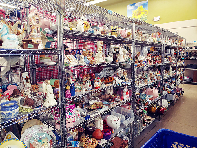 Figurine fantasia! This shelf of ceramic characters and collectibles represents decades of gift-giving, decorating trends, and grandmotherly affection.