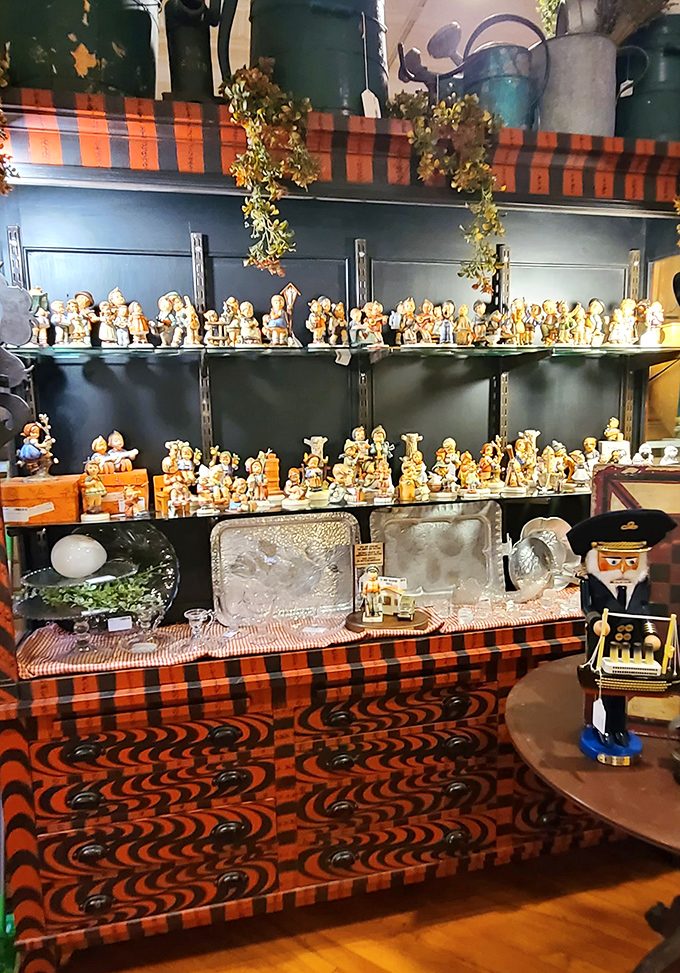 An army of figurines stands at attention, silently judging your home decor choices from their mid-century perch.