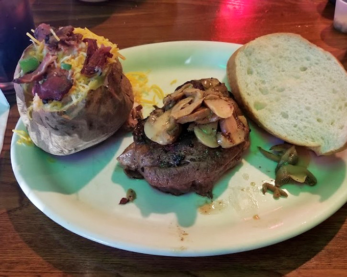 A steak and loaded potato that makes you wonder why you ever bothered with those fancy big-city steakhouses charging triple the price.