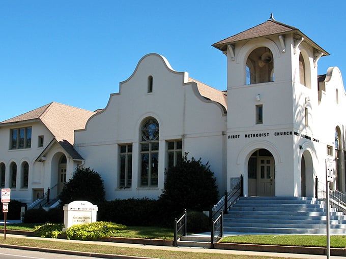 First Methodist Church's distinctive Spanish-influenced architecture brings unexpected visual interest to Perry's streetscape, its white walls gleaming in Florida sunshine.