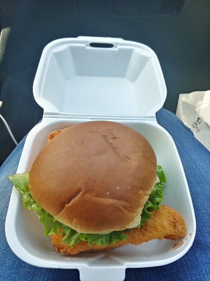 The fish sandwich in its takeout container looks ready for its journey. Like a seafaring adventurer in a styrofoam boat.