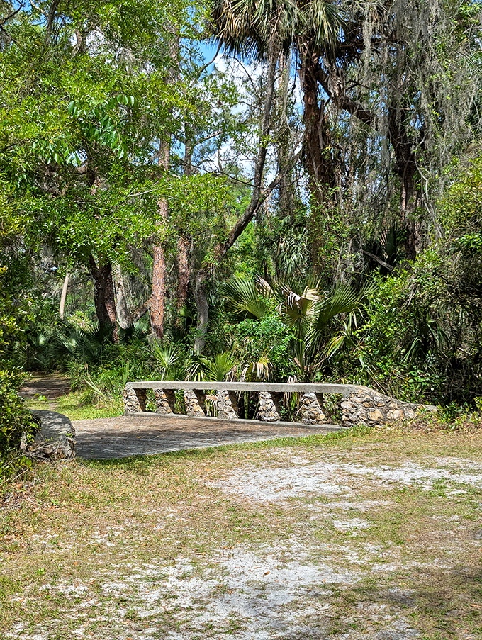 A rustic stone footbridge invites contemplation as palmettos and pines create nature's perfect meditation space.