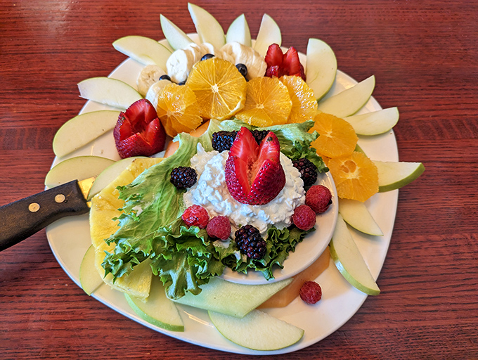A fruit plate so fresh and artfully arranged it makes you momentarily forget you came for pancakes.