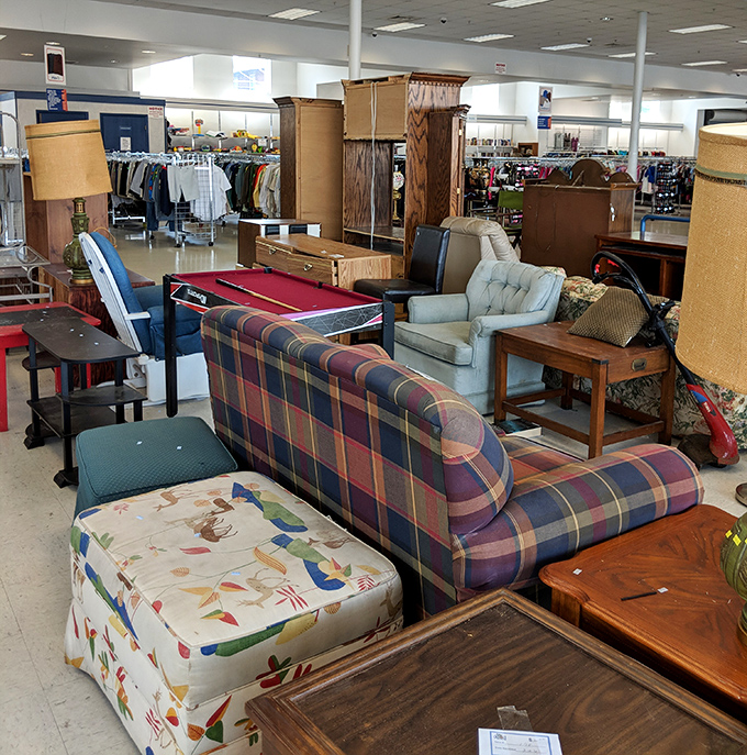 Furniture that tells stories: from plaid couches perfect for cabin aesthetics to solid wood pieces that have survived decades of family gatherings.