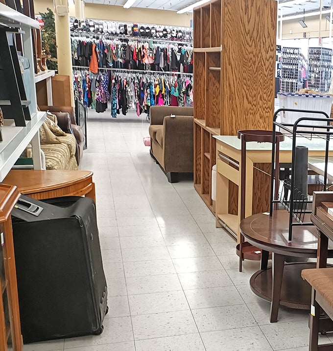 Furniture alley – where sofas that have cradled countless conversations wait for their next chapter. That wooden desk has homework stories to tell.