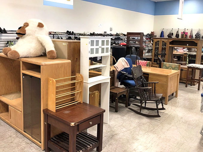 Furniture department featuring solid wood pieces and a rocking chair that's probably witnessed decades of bedtime stories.