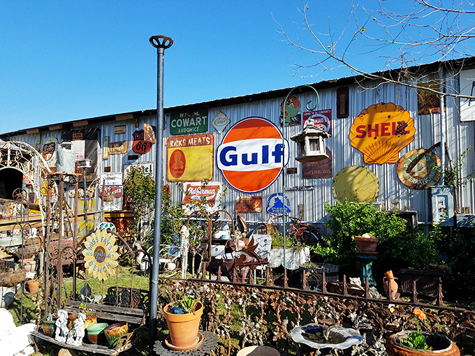 Vintage advertising signs create an outdoor gallery of Americana. That Gulf sign has witnessed more road trips than most of us have taken hot showers.