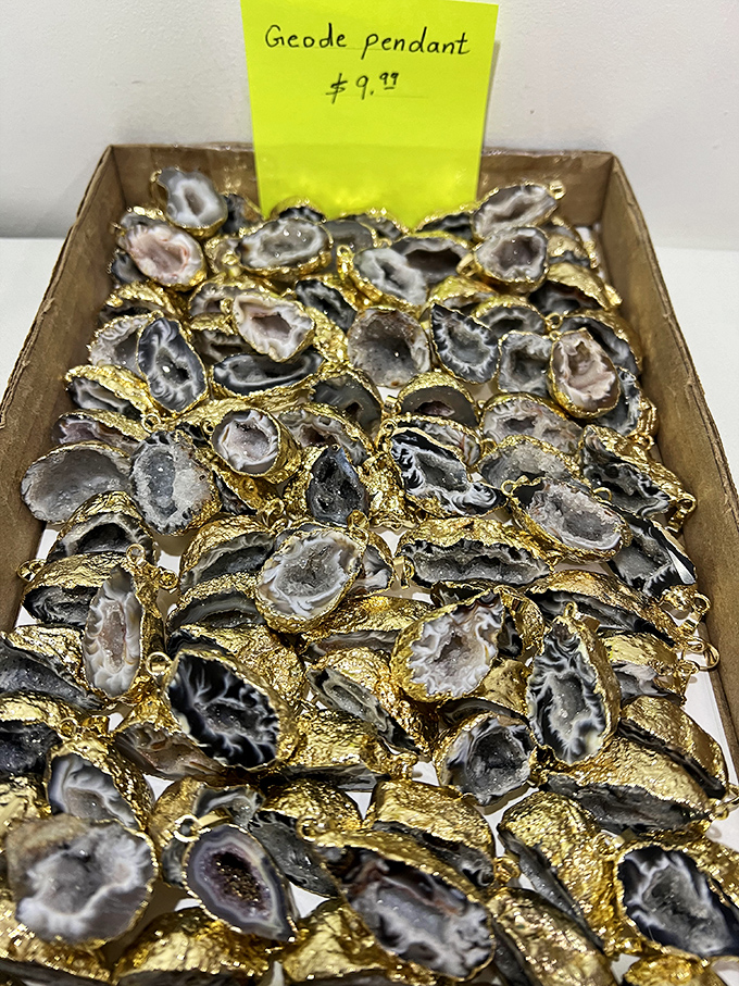 Gold-dipped geode pendants for under ten bucks? This is why you never skip the jewelry section at antique stores.