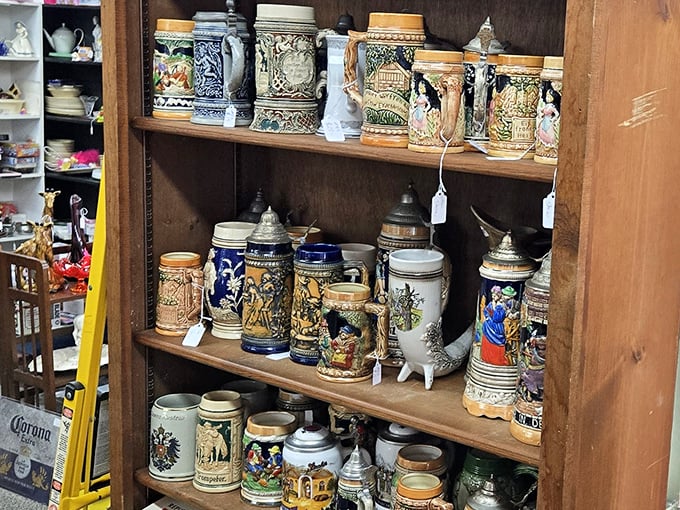 A battalion of beer steins standing at attention, each one ready to tell tales of Oktoberfests past after a proper filling.