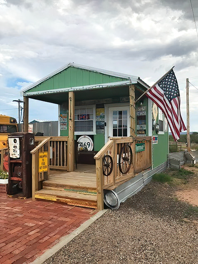 The gift shop's exterior is adorned with vintage road signs, creating a nostalgic backdrop for your "I was actually there" social media moment.