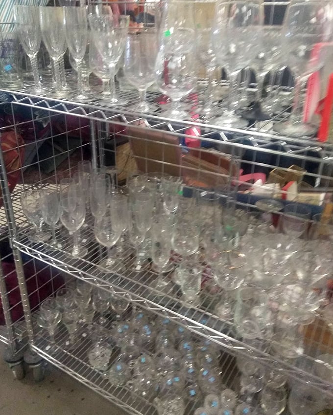 Crystal and glassware that sparkles under fluorescent lights &ndash; champagne flutes and water goblets waiting to elevate your next dinner party without emptying your wallet.