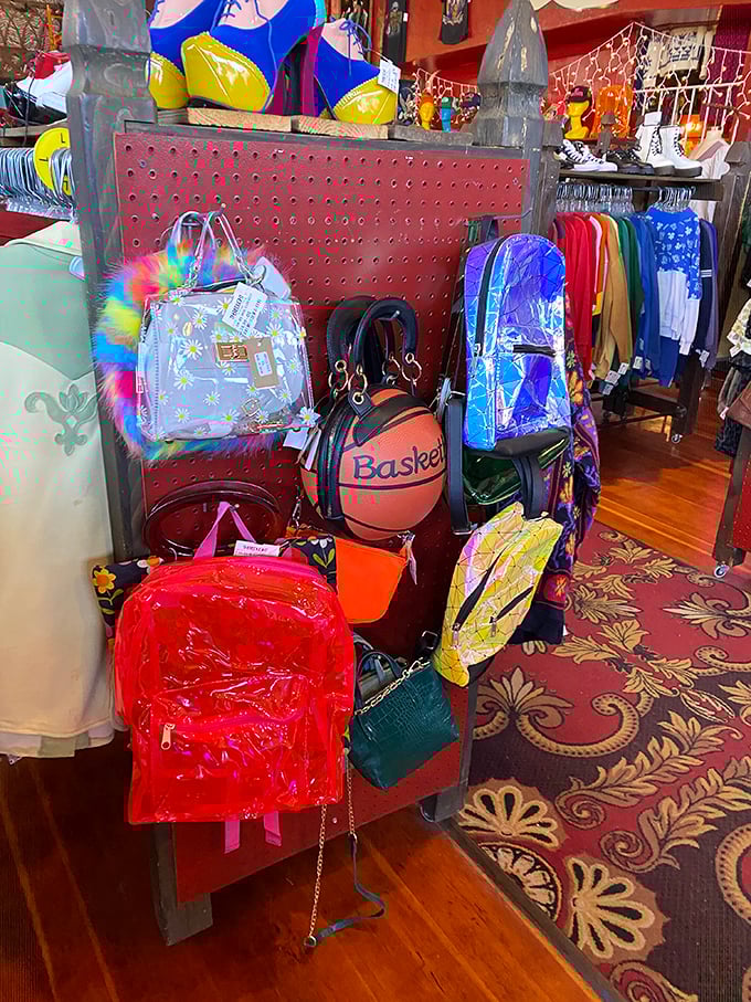 Holographic backpacks next to basketball-shaped purses, because why choose boring when playful costs the same at Red Light?