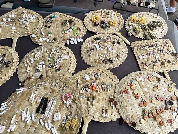 Handwoven fans become jewelry displays in a perfect marriage of form and function. Island ingenuity turns simple shells into must-have accessories.