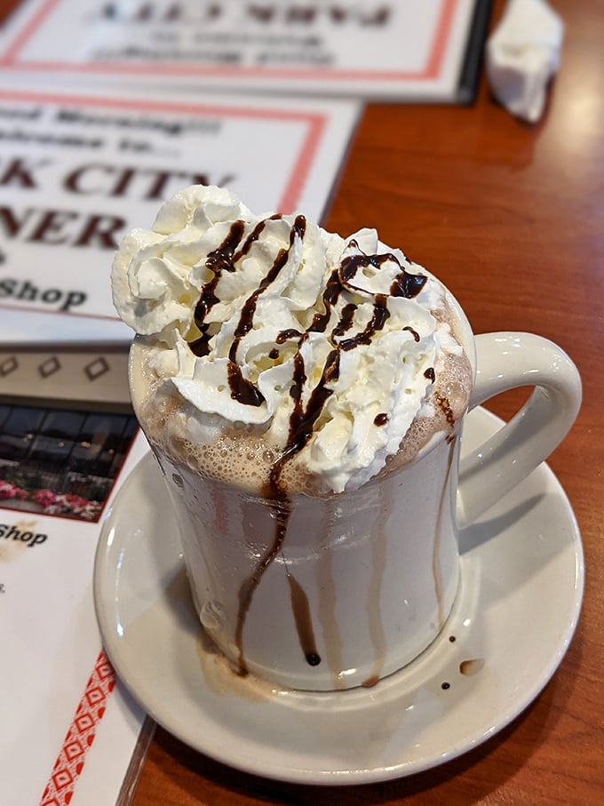 Hot chocolate that doesn't hold back &ndash; whipped cream mountain, chocolate drizzle, and zero pretension. Childhood joy in adult-sized portions.